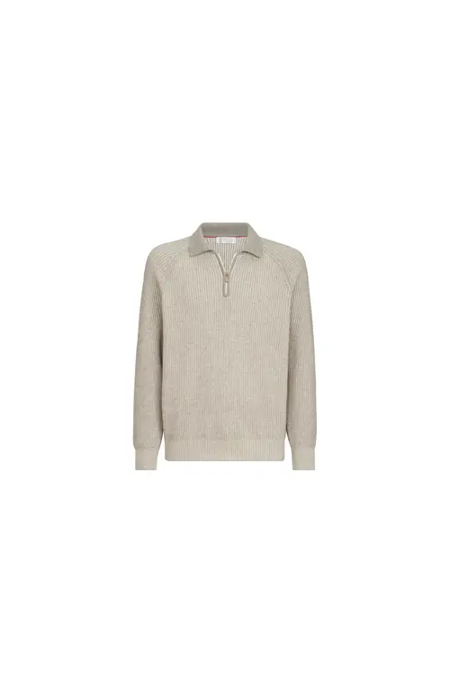 Brunello Cucinelli Cashmere Vanisé English Rib Knit Polo With Half Zip - Grey