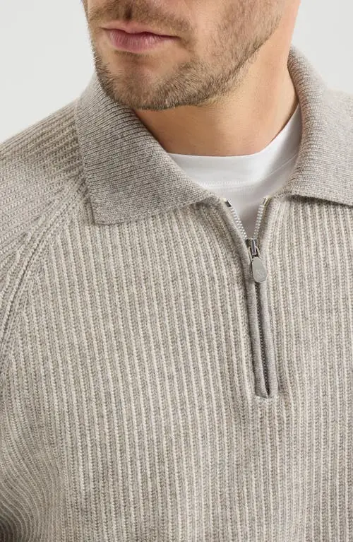 Brunello Cucinelli Cashmere Vanisé English Rib Knit Polo With Half Zip - Grey