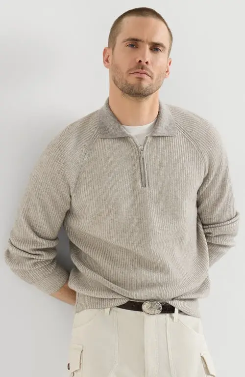 Brunello Cucinelli Cashmere Vanisé English Rib Knit Polo With Half Zip - Grey