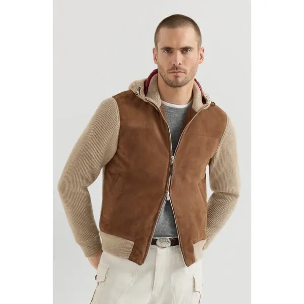 Brunello Cucinelli Suede And Cashmere Knit Hooded Bomber Jacket With Thermore® Padding - Brown