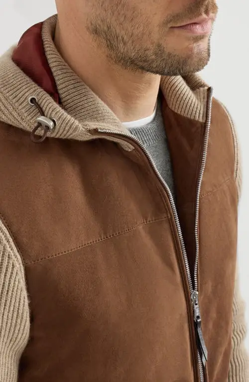 Brunello Cucinelli Suede And Cashmere Knit Hooded Bomber Jacket With Thermore® Padding