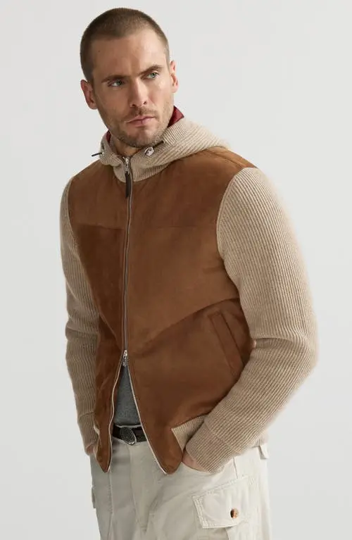 Brunello Cucinelli Suede And Cashmere Knit Hooded Bomber Jacket With Thermore® Padding