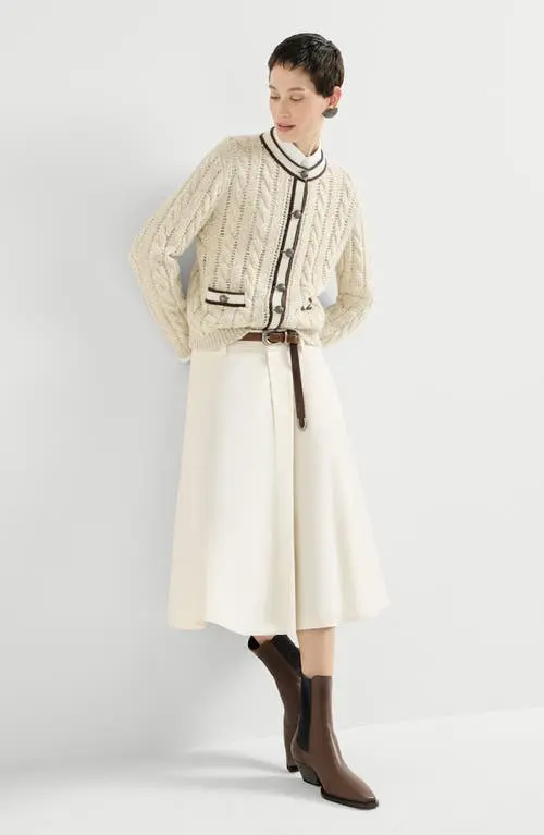 Brunello Cucinelli Dyed Cotton And Wool Wrinkled Denim Full Skirt With Monili - Panama