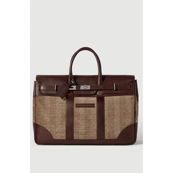 Brunello Cucinelli Burnished Calfskin And Chevron-effect Techno Fabric Country Bag - Brown