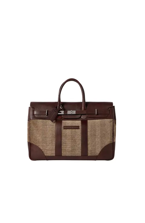 Brunello Cucinelli Burnished Calfskin And Chevron-effect Techno Fabric Country Bag - Brown