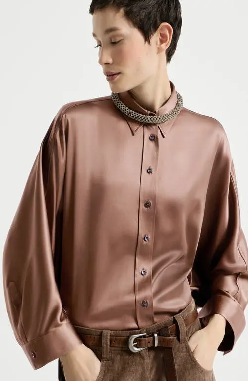 Brunello Cucinelli Stretch Silk Satin Shirt With Monili