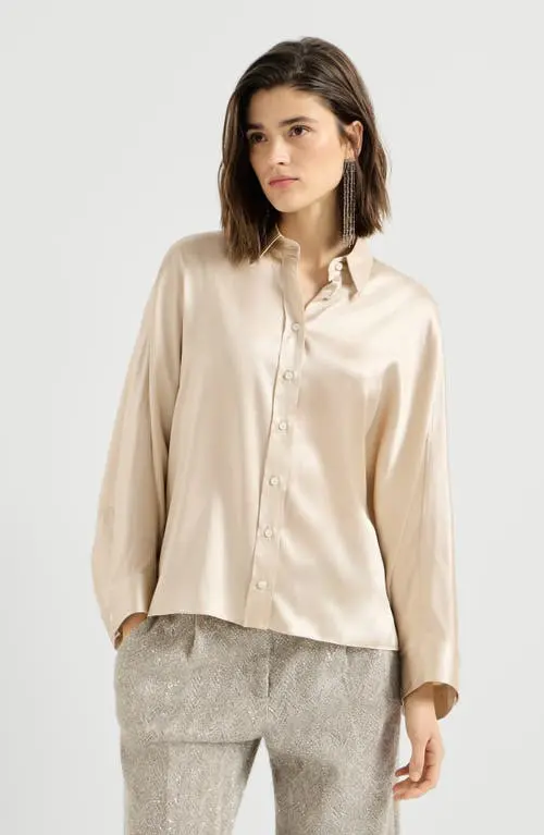 Brunello Cucinelli Stretch Silk Satin Shirt With Monili - Sand