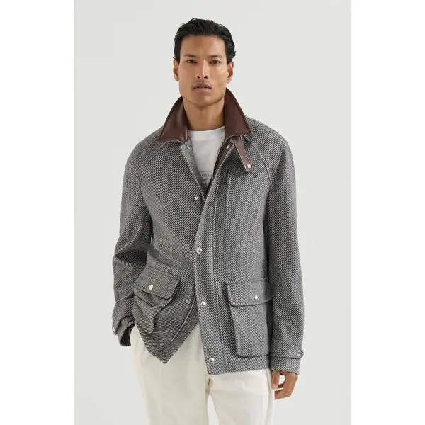 Brunello Cucinelli Cashmere And Silk Diagonal Field Jacket With Nappa Leather Inserts - Medium Grey