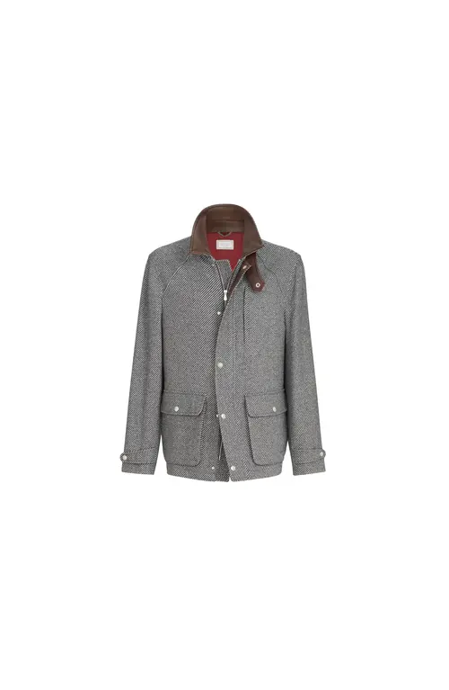 Brunello Cucinelli Cashmere And Silk Diagonal Field Jacket With Nappa Leather Inserts