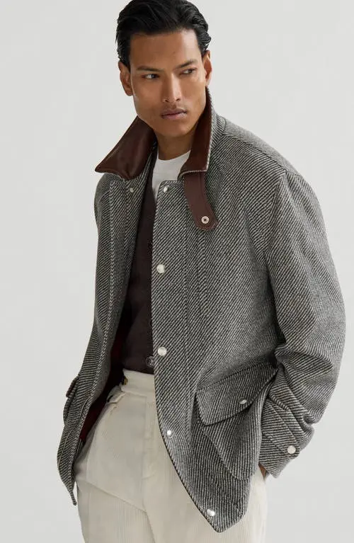 Brunello Cucinelli Cashmere And Silk Diagonal Field Jacket With Nappa Leather Inserts