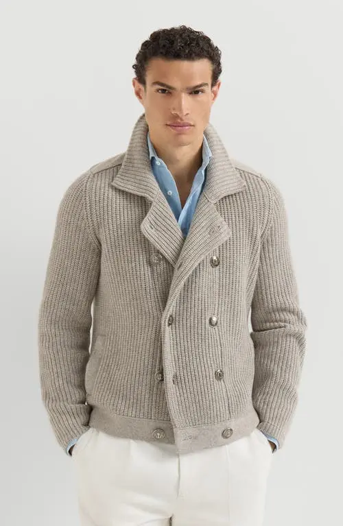 Brunello Cucinelli Cashmere Half English Rib Mariner Cardigan - Light Brown