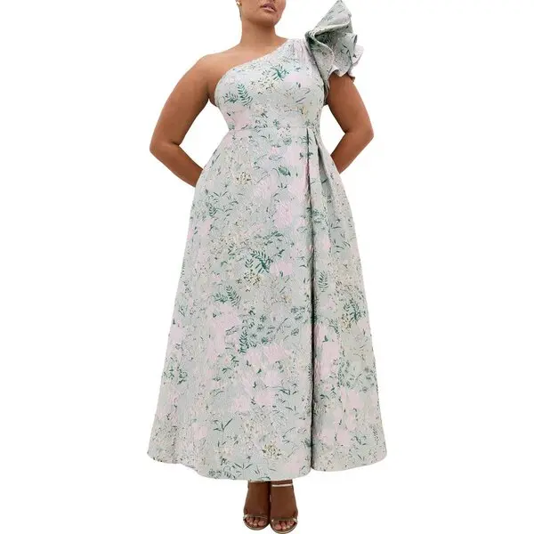 City Chic Enchanting Metallic Puff Sleeve One-shoulder Gown - Secret Garden