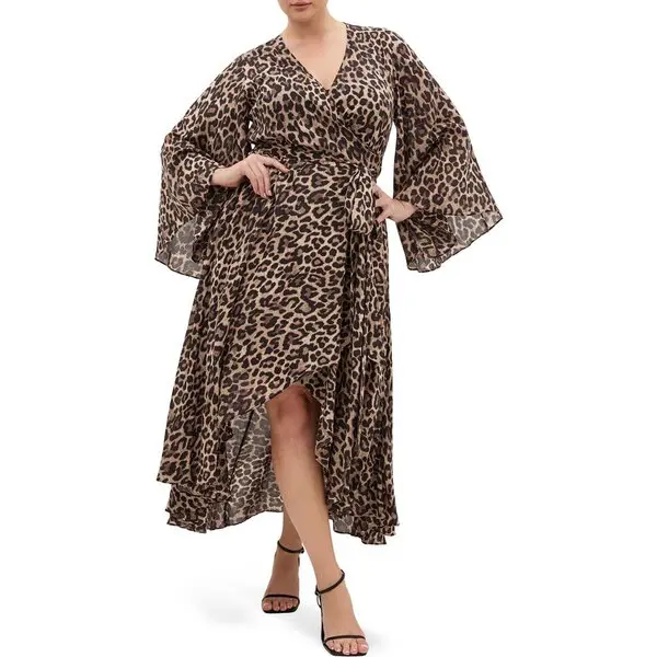City Chic Eva Long Sleeve Wrap Maxi Dress - Leopard