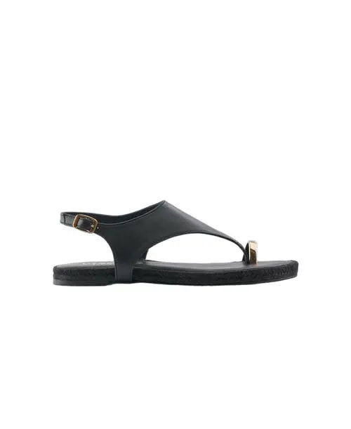 VISCATA Delmar Leather Flat Sandals With Metallic Toe Detail - Black