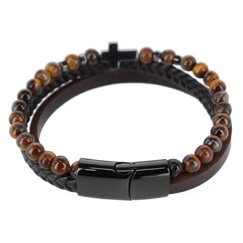 Trafalgar Sovereign Cross Tri-stranded Leather Bracelet With Tiger Eye Beads