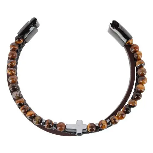 Trafalgar Sovereign Cross Tri-stranded Leather Bracelet With Tiger Eye Beads