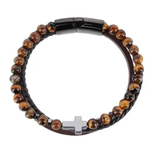 Trafalgar Sovereign Cross Tri-stranded Leather Bracelet With Tiger Eye Beads
