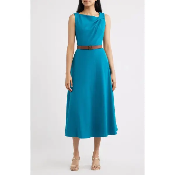 Anne Klein Pleated Asymmetric Belted Dress - Teal