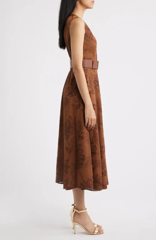 Anne Klein Embroidered Belted Fit & Flare Midi Dress