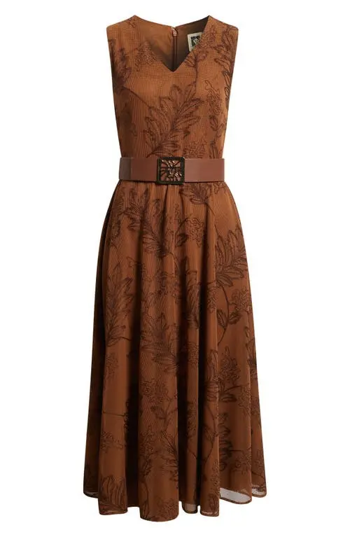 Anne Klein Embroidered Belted Fit & Flare Midi Dress