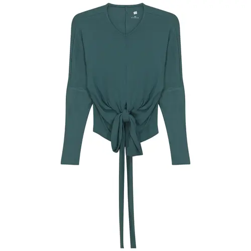 RIFF Ribbed Wrap Tie Long Sleeve Top - Hunter