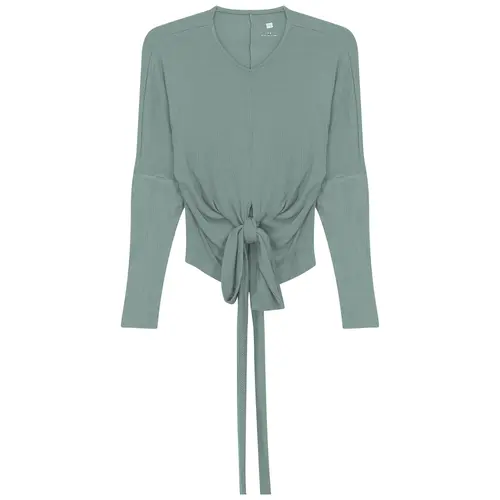 RIFF Ribbed Wrap Tie Long Sleeve Top - Light Basil