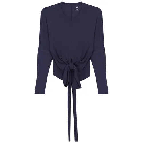 RIFF Ribbed Wrap Tie Long Sleeve Top - Navy