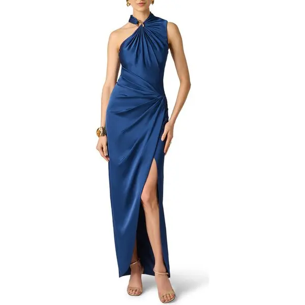 Aidan Mattox One-shoulder Crepe Back Satin Gown - Navy