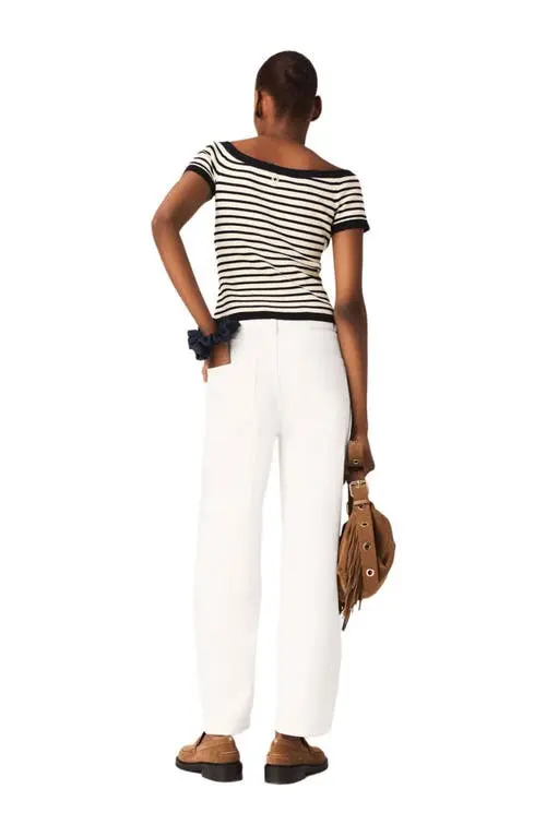 Maje Striped Rib Knit Top With Boat Neck