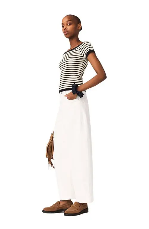 Maje Striped Rib Knit Top With Boat Neck