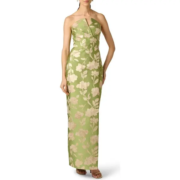 Aidan Mattox Metallic Floral Jacquard Strapless Column Gown - Fern