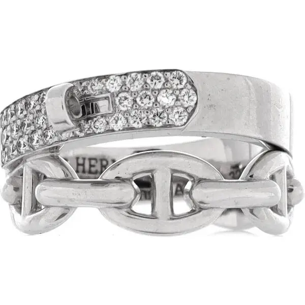 Hermès 18k White Gold Kelly Double Tour Ring With Pave Diamonds - Metallic Silver