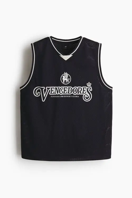 H&m Relaxed Fit Printed Mesh Vest Top - Black/vencedores