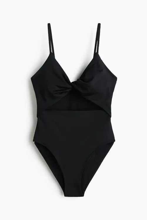 H&m One-piece Padded Cup High Leg Swimsuit With Cut-out Detail - Black