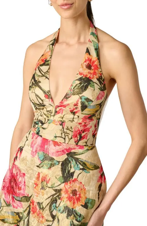 Aidan Mattox Metallic Floral Jacquard Halter Neck Gown