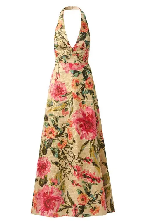 Aidan Mattox Metallic Floral Jacquard Halter Neck Gown