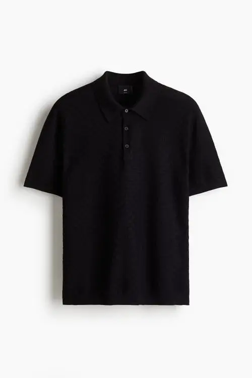 H&m Slim Fit Textured-knit Polo Shirt - Black
