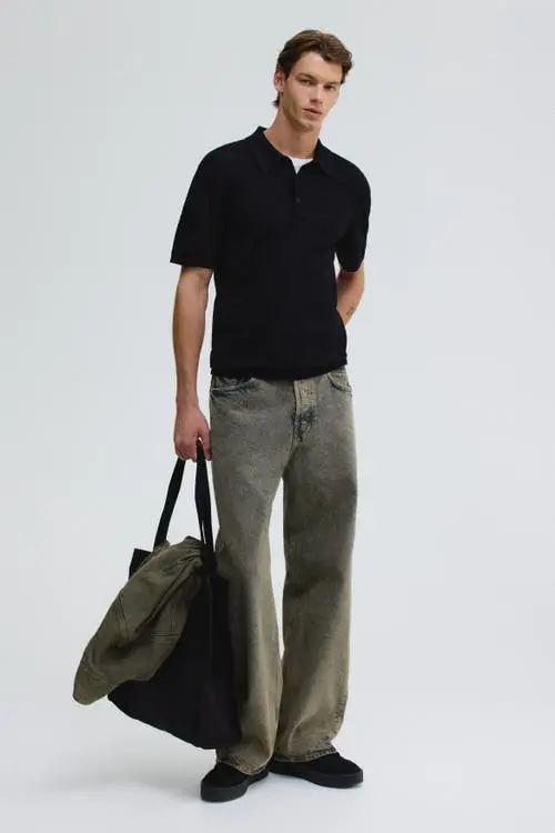 H&m Slim Fit Textured-knit Polo Shirt - Black