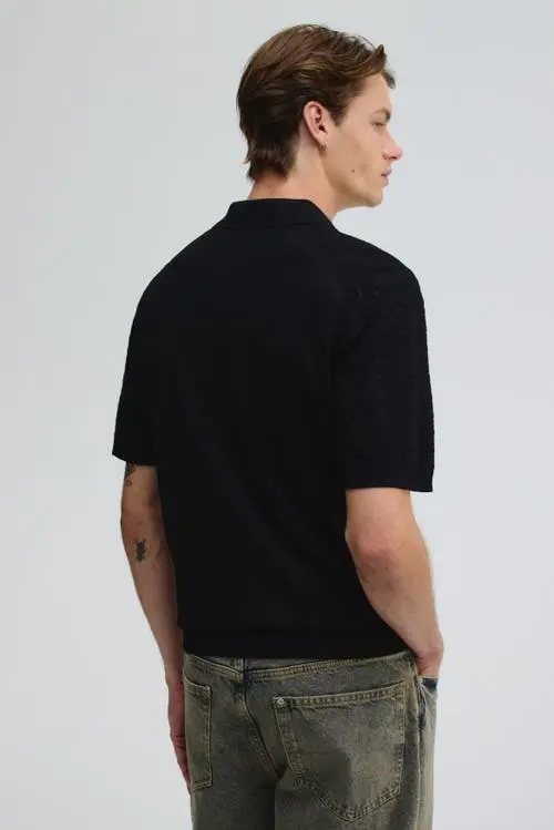 H&m Slim Fit Textured-knit Polo Shirt - Black