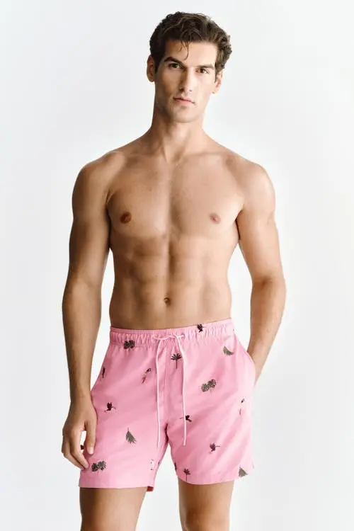 H&m Embroidered Tropical Print Swim Shorts - Pink/patterned