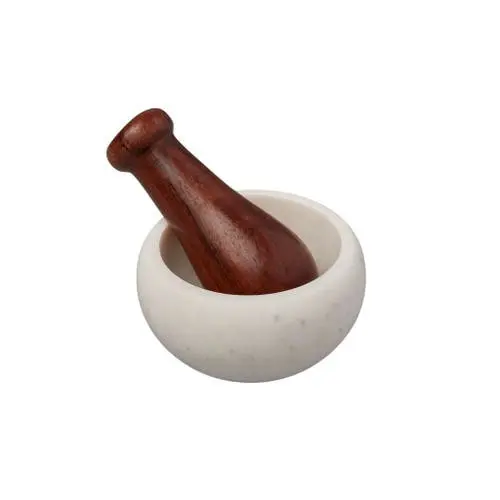BE HOME White & Wood Mortar & Pestle - Marble