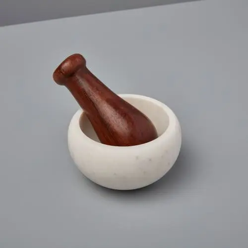 BE HOME White & Wood Mortar & Pestle