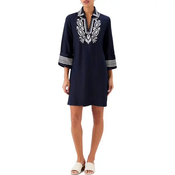 Karen Kane Embroidered Shift Dress - Navy