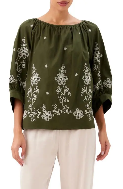 Karen Kane Embroidered Cotton Blouson Sleeve Top - Olive