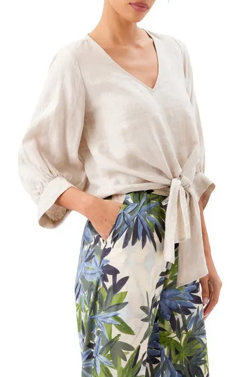 Karen Kane Tie Front Linen Top With V-neck And 3/4 Sleeves - Oatmeal