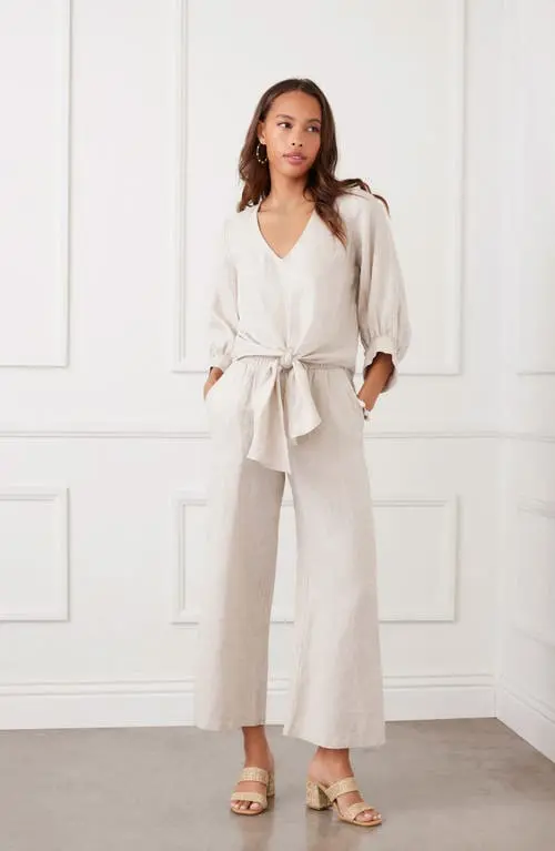 Karen Kane Tie Front Linen Top With V-neck And 3/4 Sleeves - Oatmeal