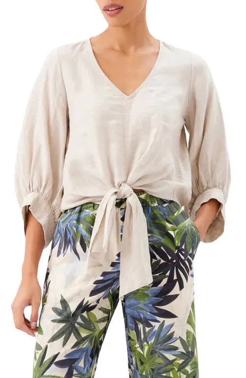 Karen Kane Tie Front Linen Top With V-neck And 3/4 Sleeves - Oatmeal