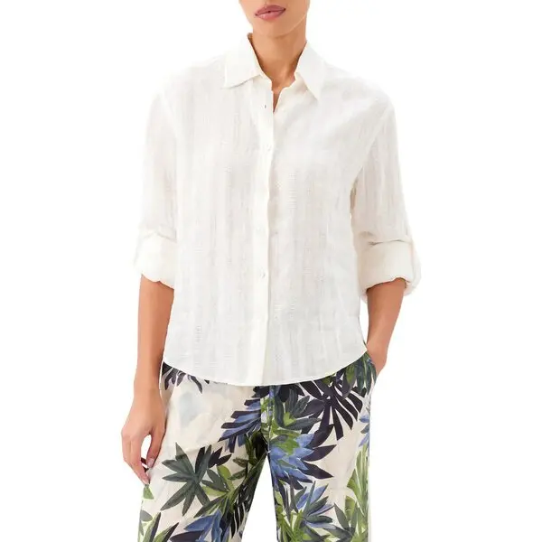 Karen Kane Striped Linen Button-up Shirt - Cream