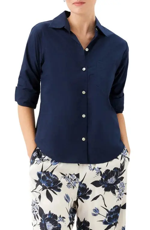 Karen Kane Ruched Sleeve Cotton Button-up Shirt - Navy