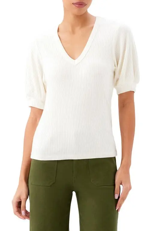 Karen Kane Puff Sleeve Ribbed V-neck Top - Cream